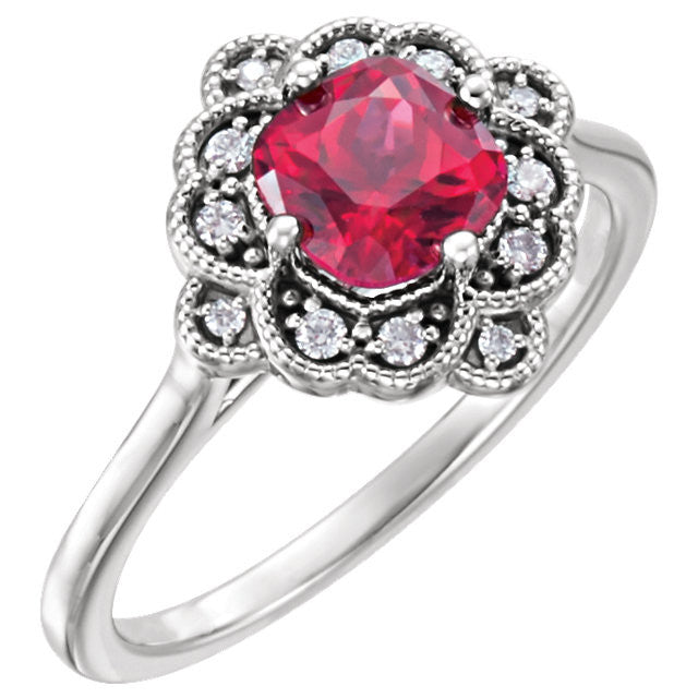 14kt White Gold Cushion Chatham® Ruby Diamond Floral Halo Rin