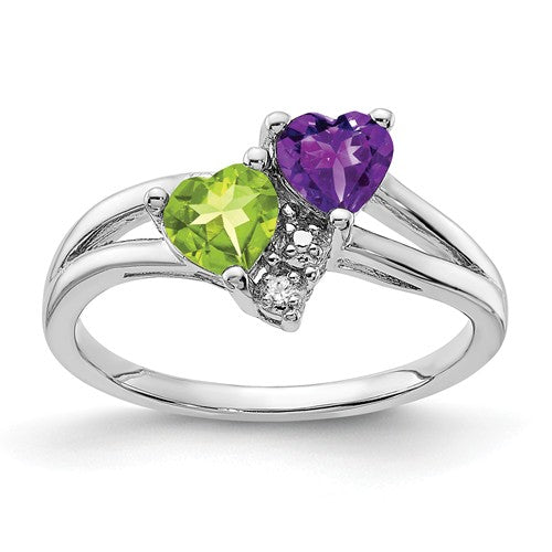 Sterling Silver Amethyst Peridot Double Heart Diamond Ring