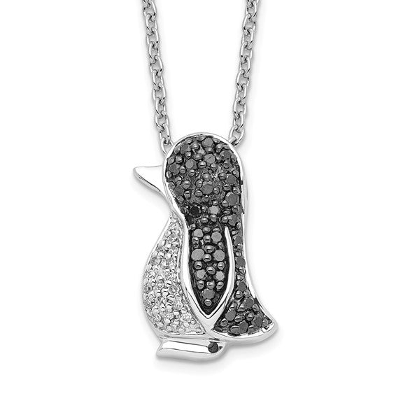 Sterling Silver Black And White Diamond Penguin Pendant Necklace