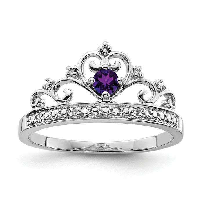 Sterling Silver Amethyst Diamond Princess Crown Ring