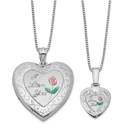Sterling Silver 'I Love You' Rose Heart Mother & Daughter Locket Set